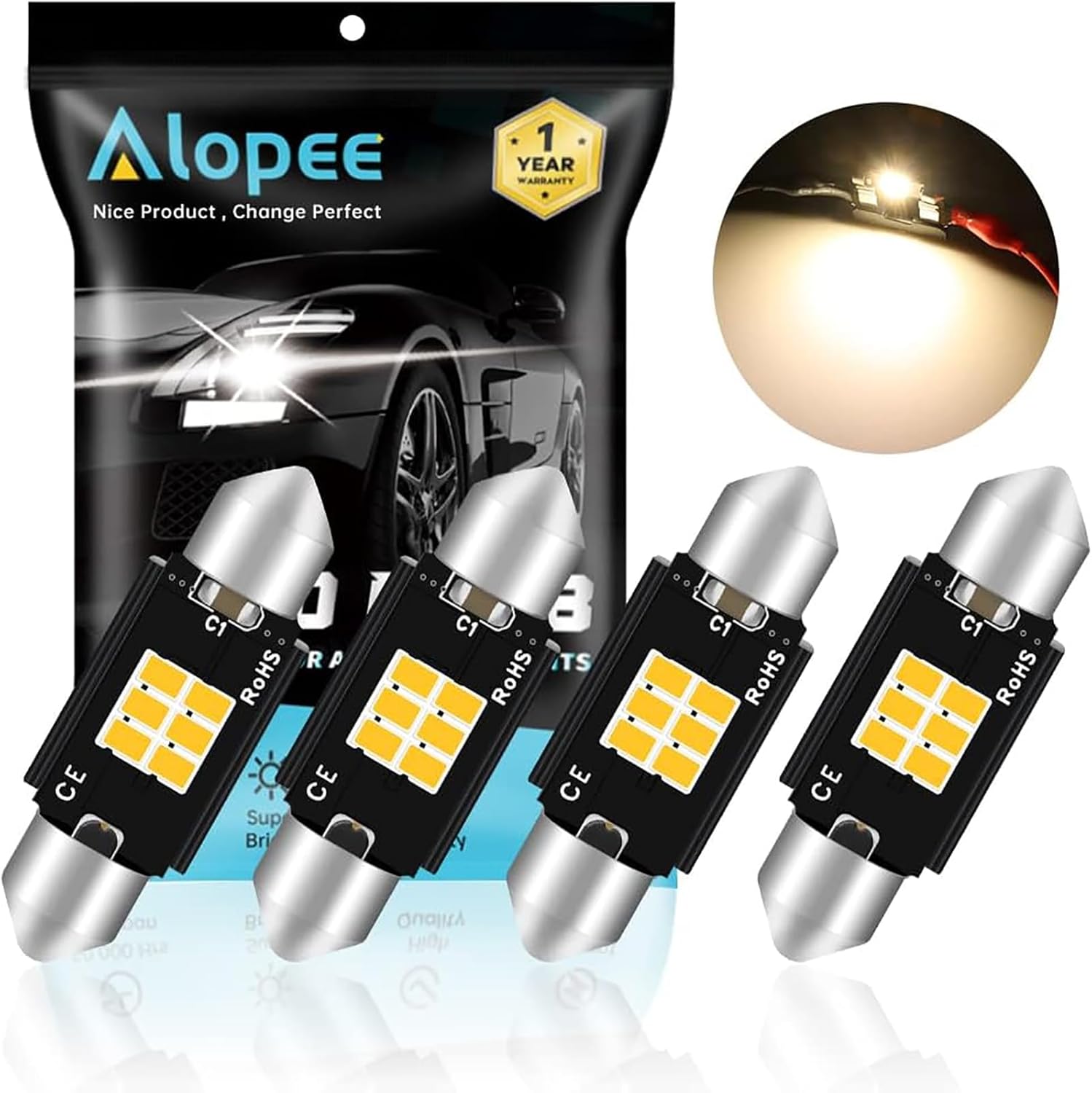 Amazon.com: Alopee 578 LED Bulb 1.61"/41mm Festoon Warm White 3000K 211 ...