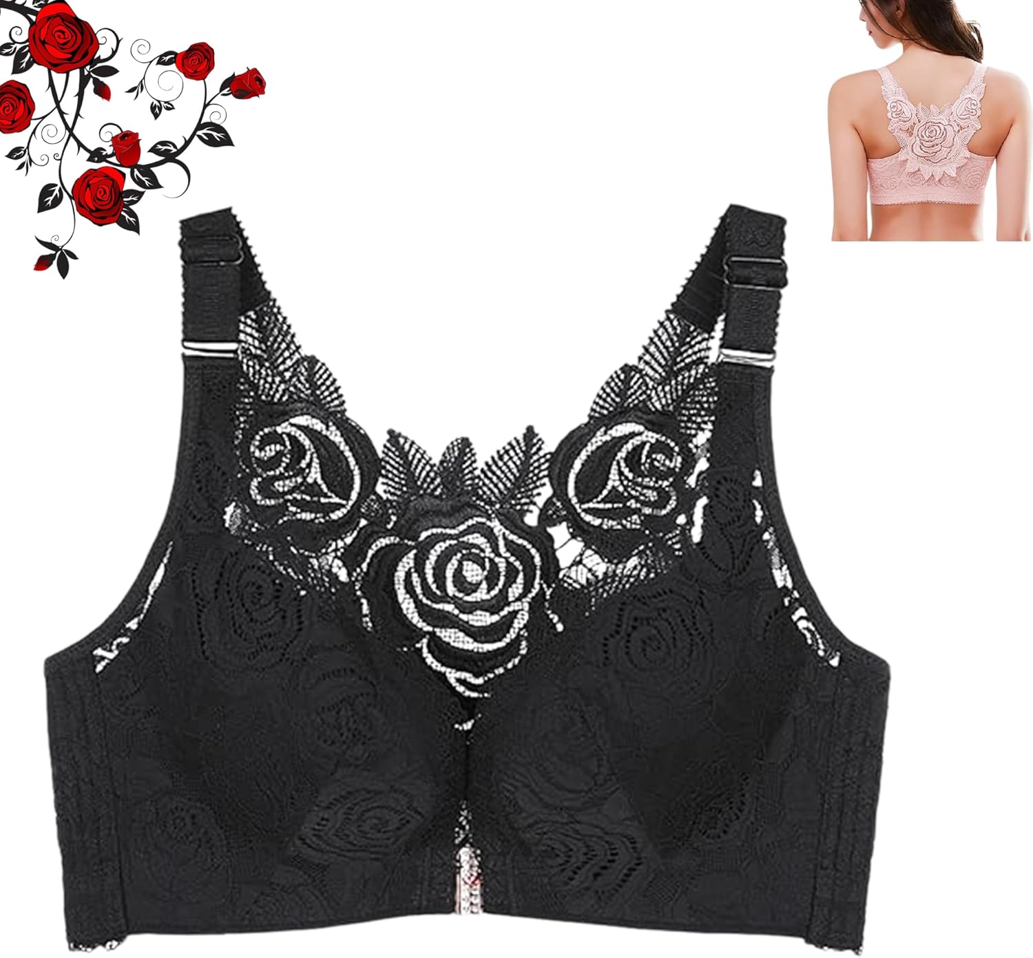 Floral Secrets Comfort Rose Bra, Front Closure Lace Comfy No Wire Bras ...