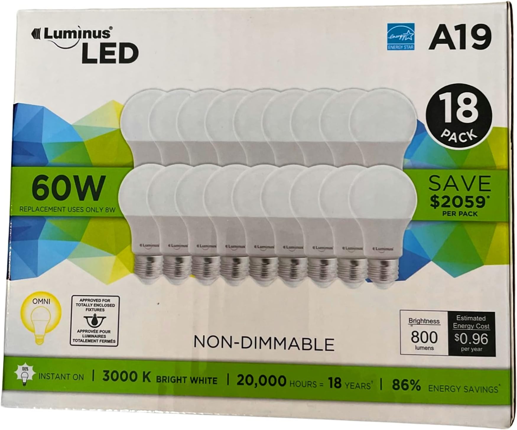 Luminus LED A19 Energy Star 18 Pack Light Bulb, 9.5W (60W Incandescent ...