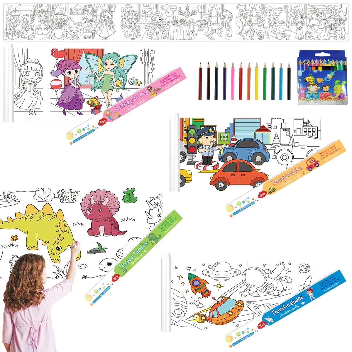 4PCS Drawing Roll, Comes with 1 Box of Colored Pencils (12 Colors ...