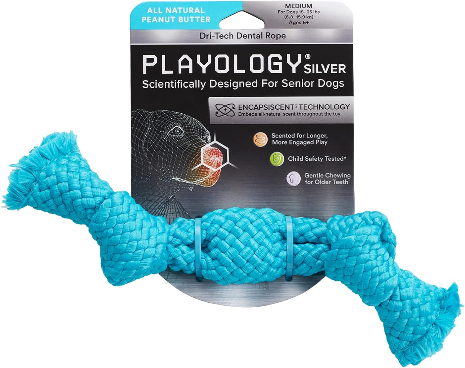 PLAYOLOGY Silver - Dental Rope Dog Toy - Designed for Senior Dogs ...