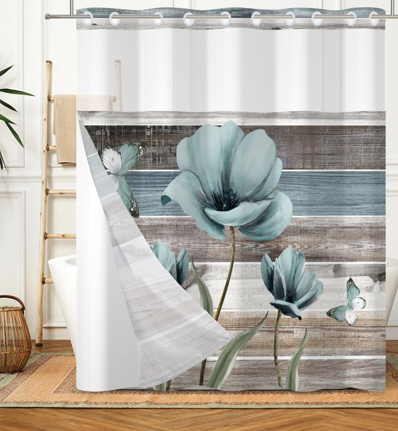 Amazon.com: DASHAN No Hook Shower Curtain with Snap in Liner, Rustic Floral Shower Curtains for ...