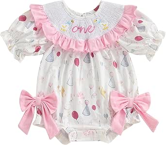 Amazon.com: YTGBFYIK Baby Girl First Birthday Outfit One Embroidery Bodysuit Bow Smocked Bubble ...