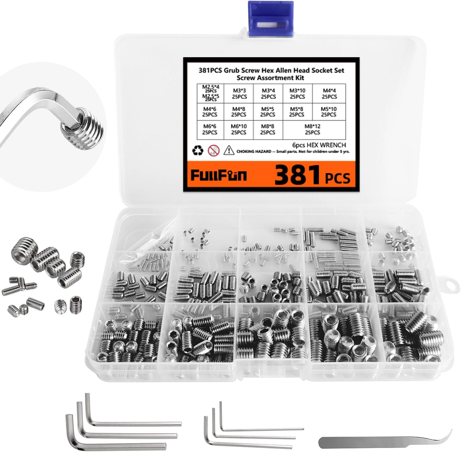 381PCS M2.5 M3 M4 M5 M6 M8 Cup Point Grub Set Screws, Allen Head Grub ...