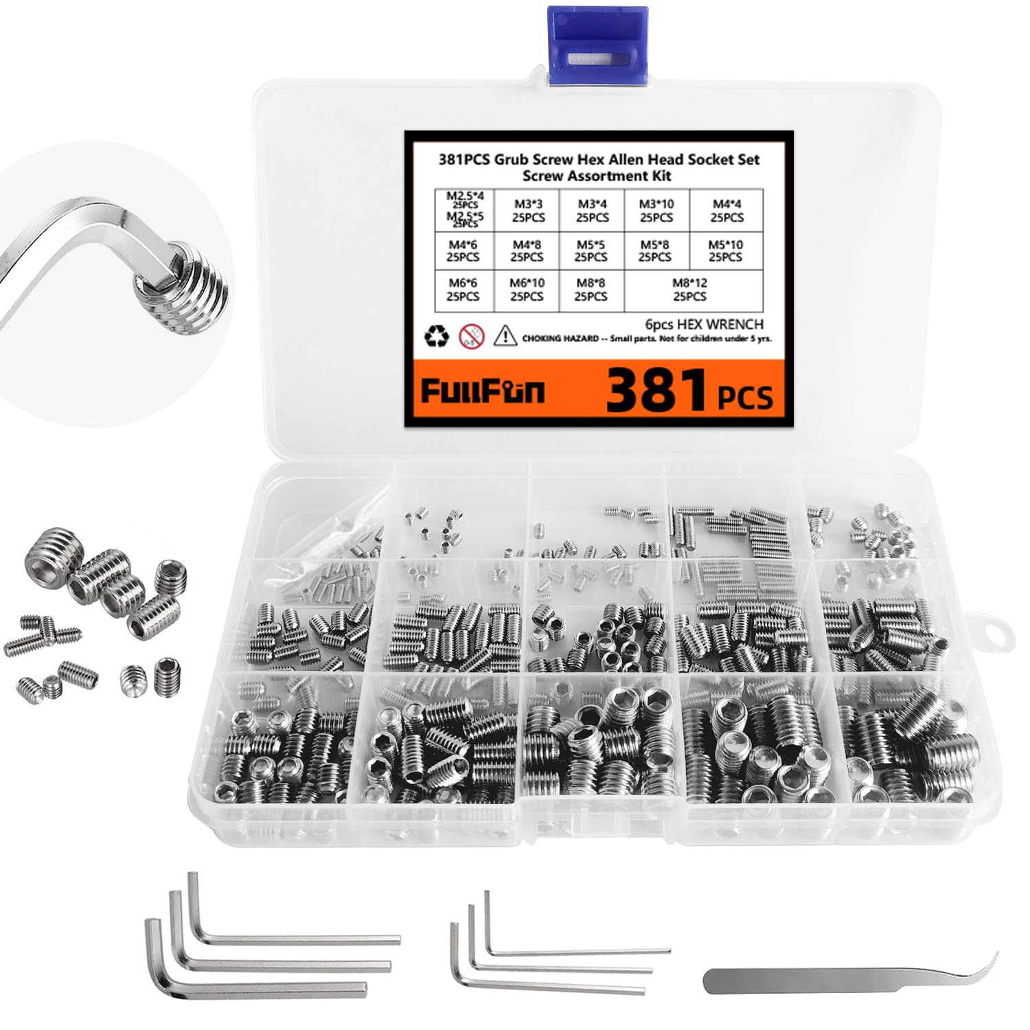 381PCS M2.5 M3 M4 M5 M6 M8 Cup Point Grub Set Screws, Allen Head Grub ...