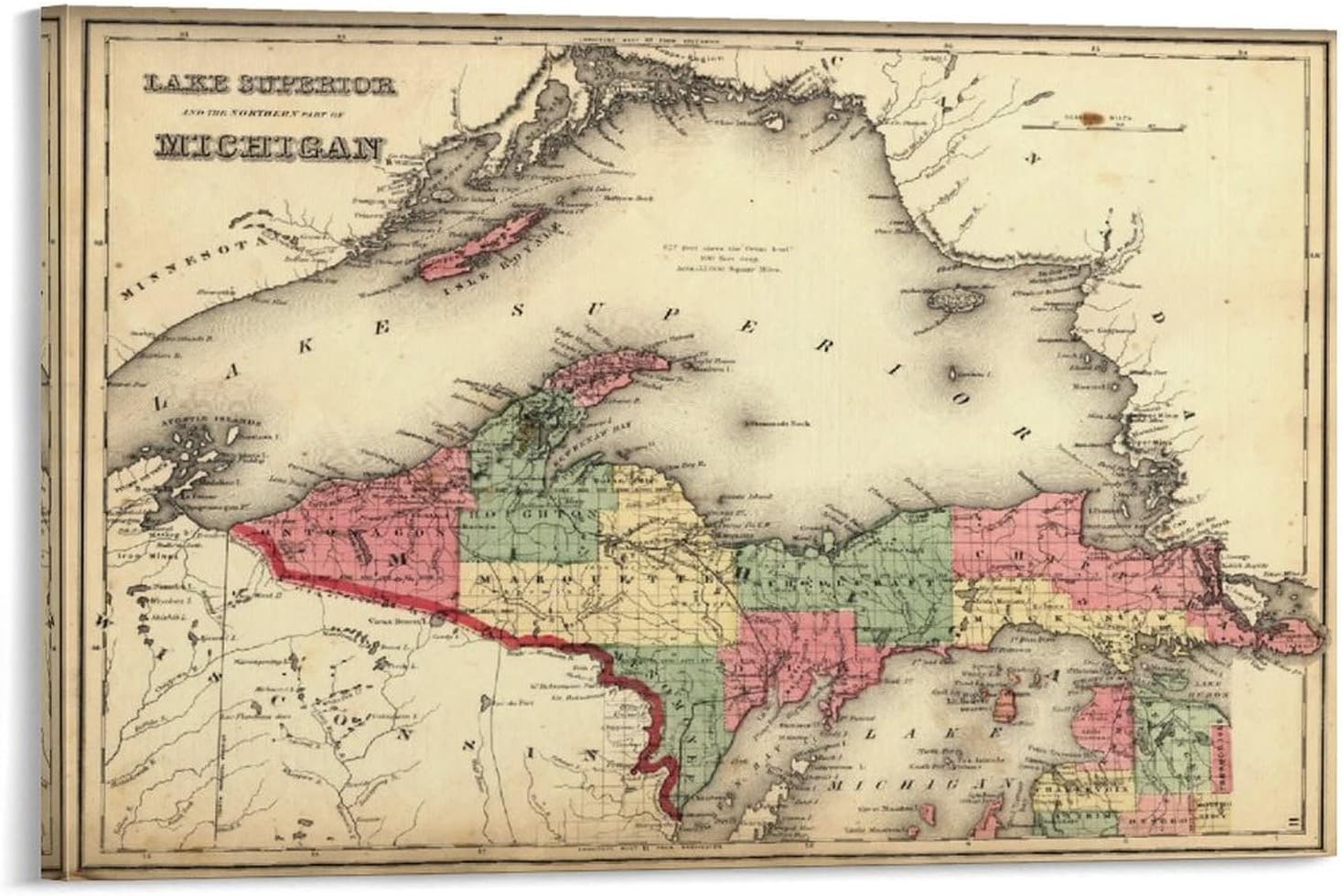 Amazon.com: Art Poster Michigan Upper Peninsula Map 1873 Canvas Print ...