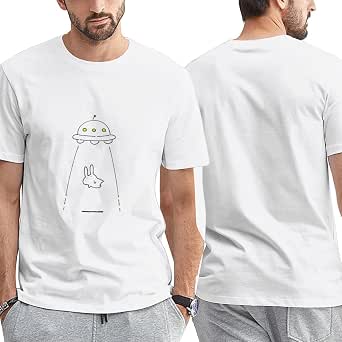 Amazon | [GORMEL] ウサギを運ぶUFO プリントTシャツ メンズ レディース 夏服 丸襟 通気性 快適 コットン 綿製 人気 ...