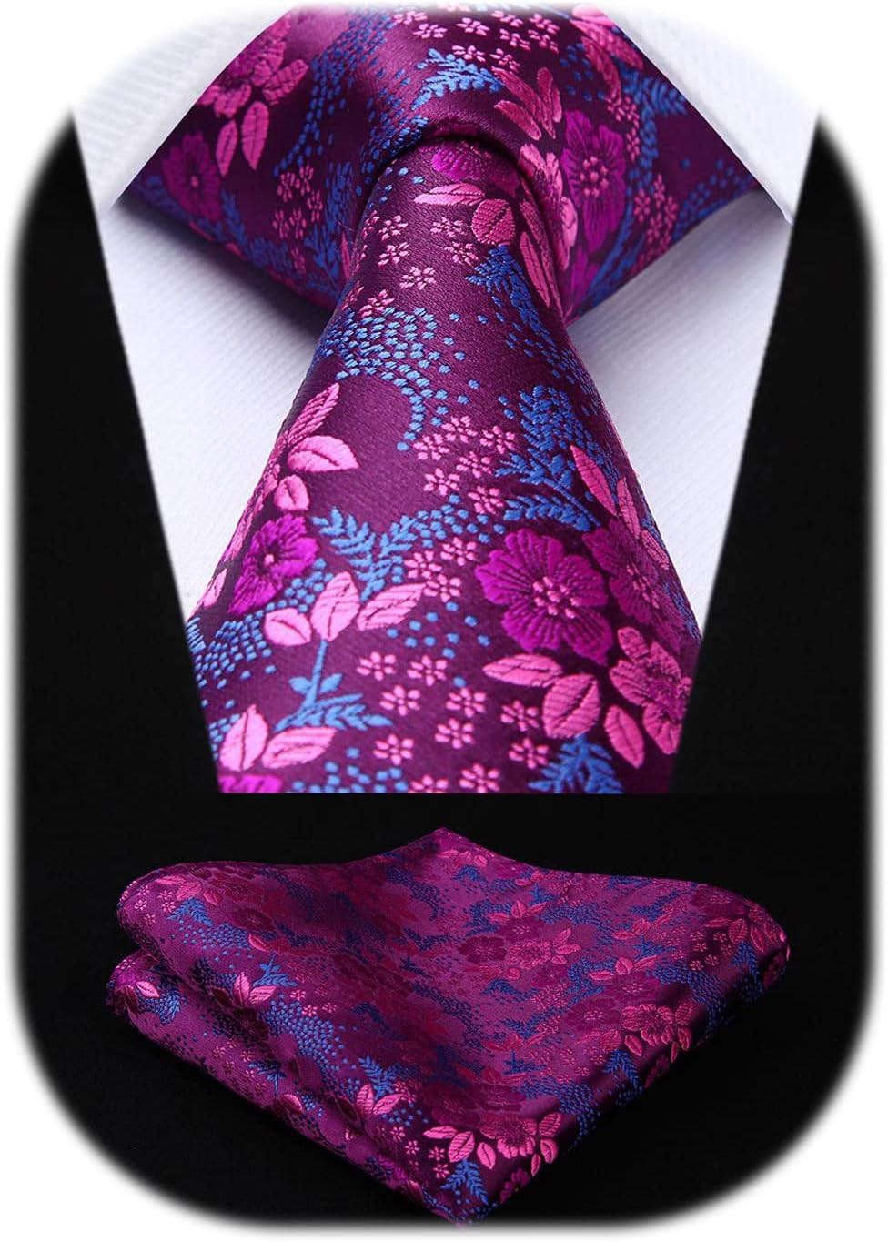 HISDERN Mens Paisley Floral Tie & Handkerchief Set Extra Long A Fuchsia ...