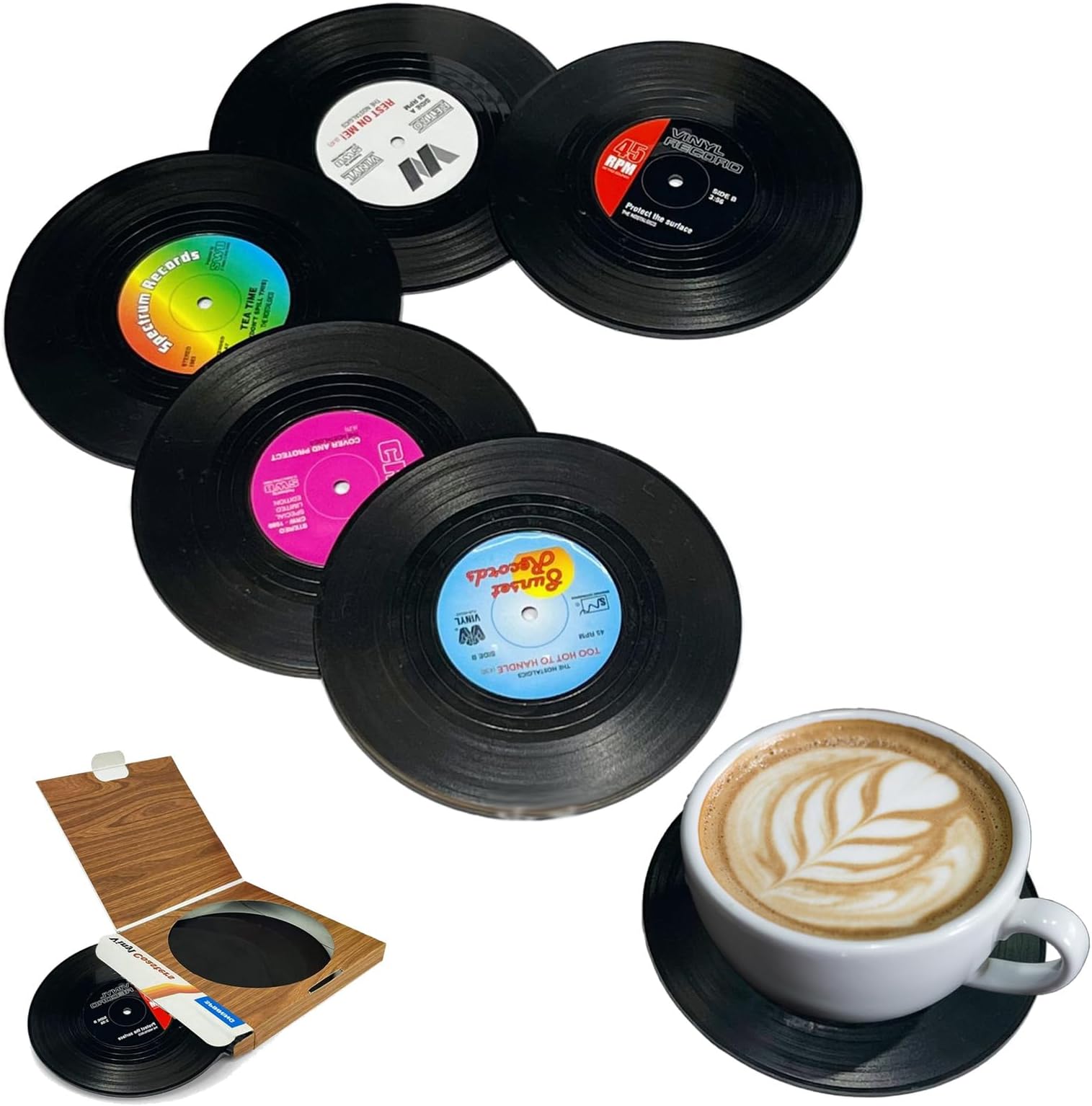 6pcs Solid Retro CD Record Vinyl Coasters Mat for Home/Bar Coffee Tea ...