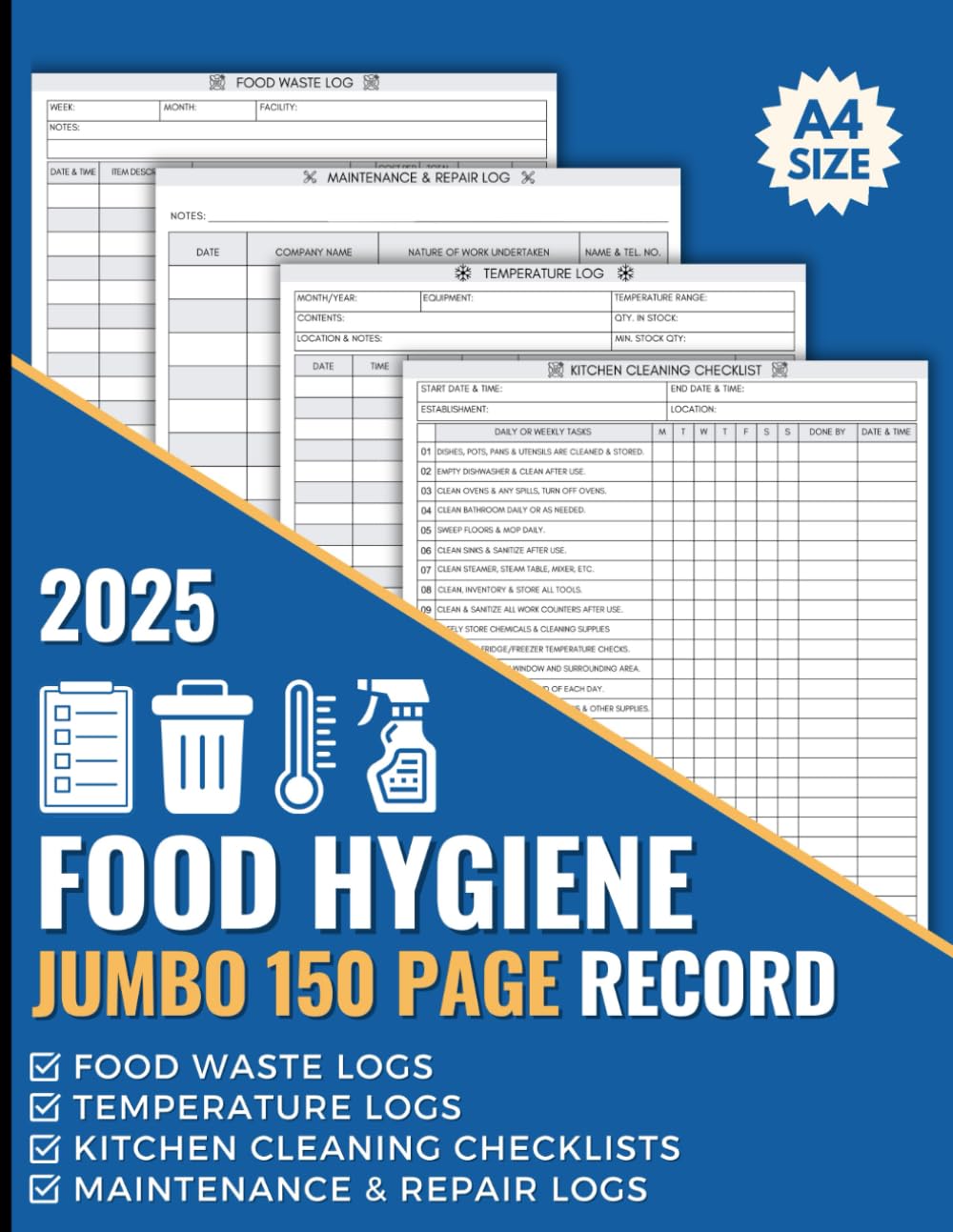 Food Hygiene Record Book: Jumbo 150 Page A4 All In One Food Safety Log ...