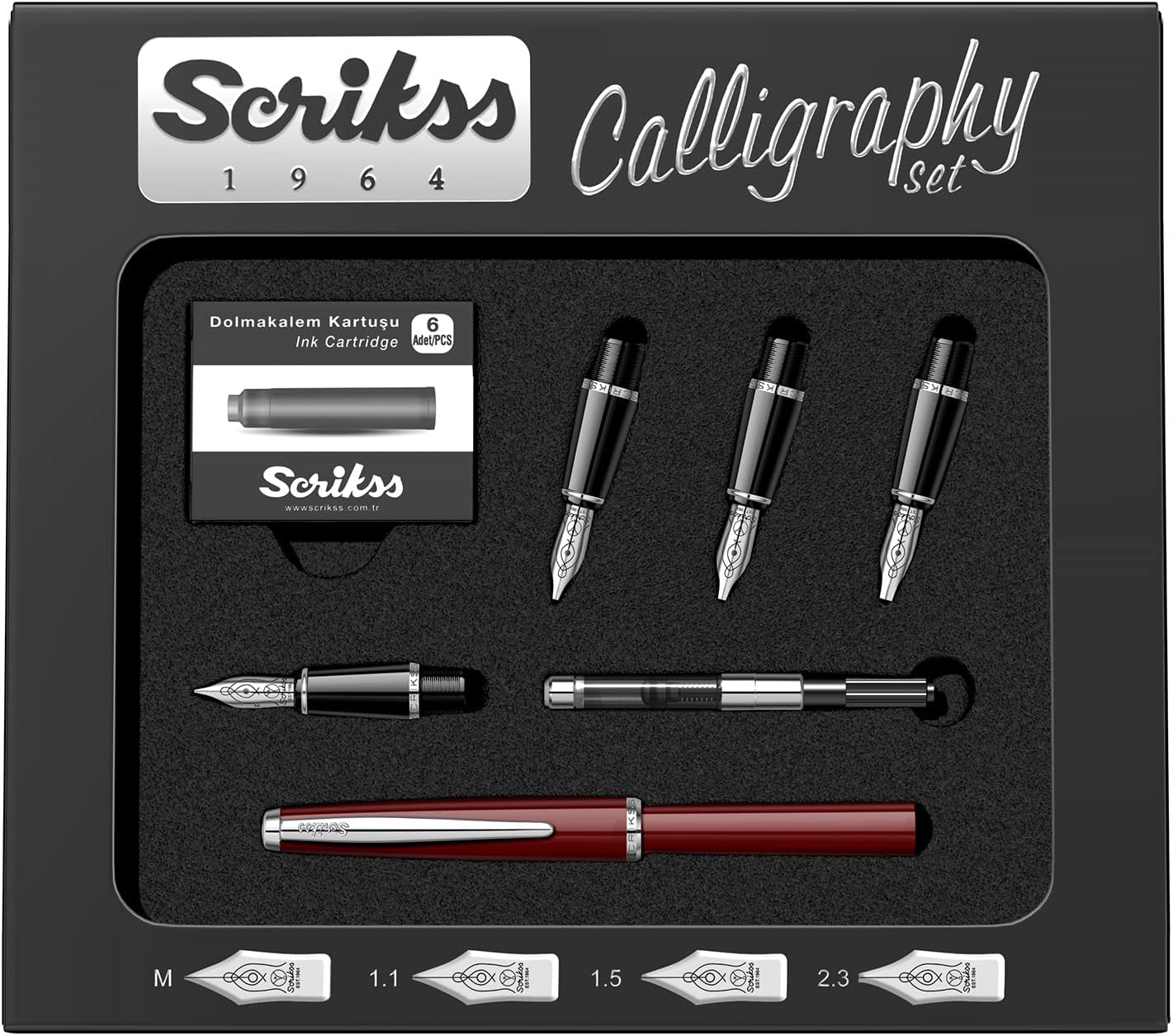 Scrikss Burgundy Calligraphy Pen Set With Medium, 1.1mm, 1.5mm, 2.3mm ...
