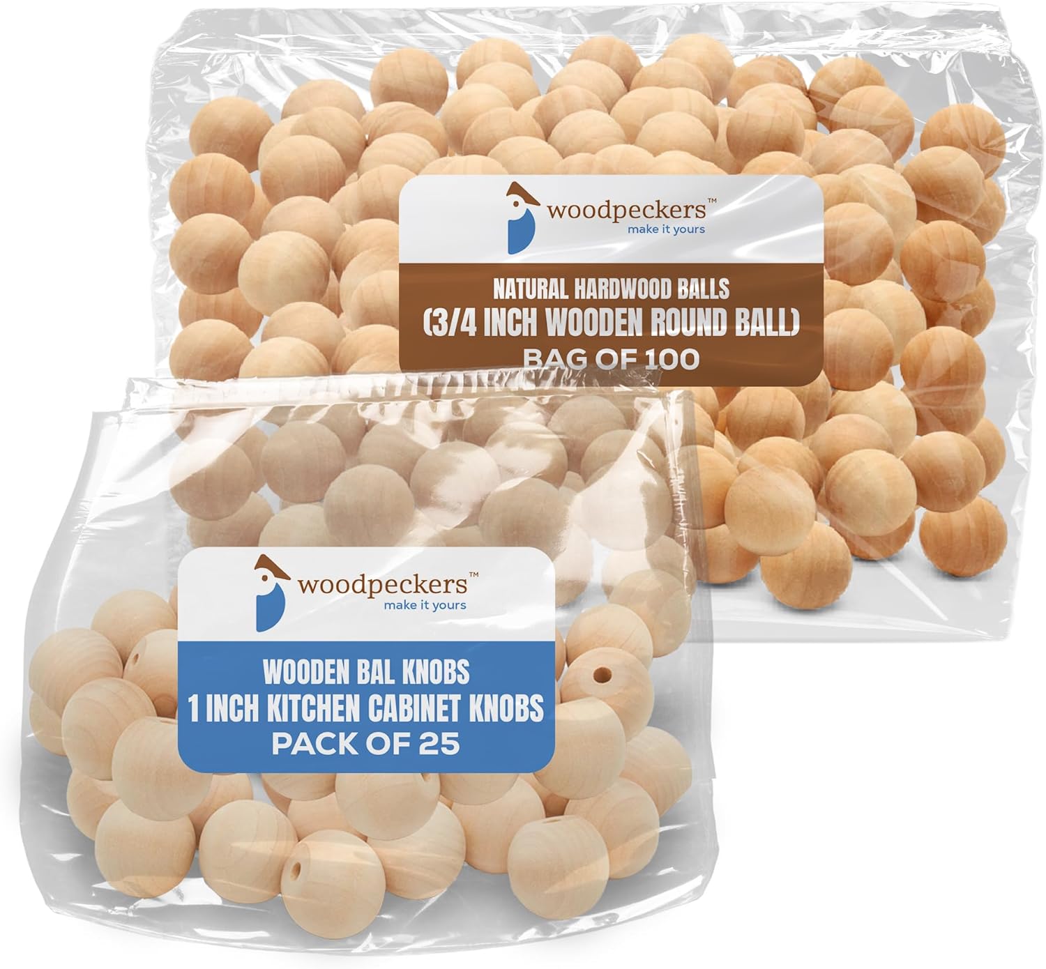 Wood Ball Knobs 1 inch Pack of 25 and 3/4 inch Round Wooden Ball, Bag of 100 by Woodpeckers ...