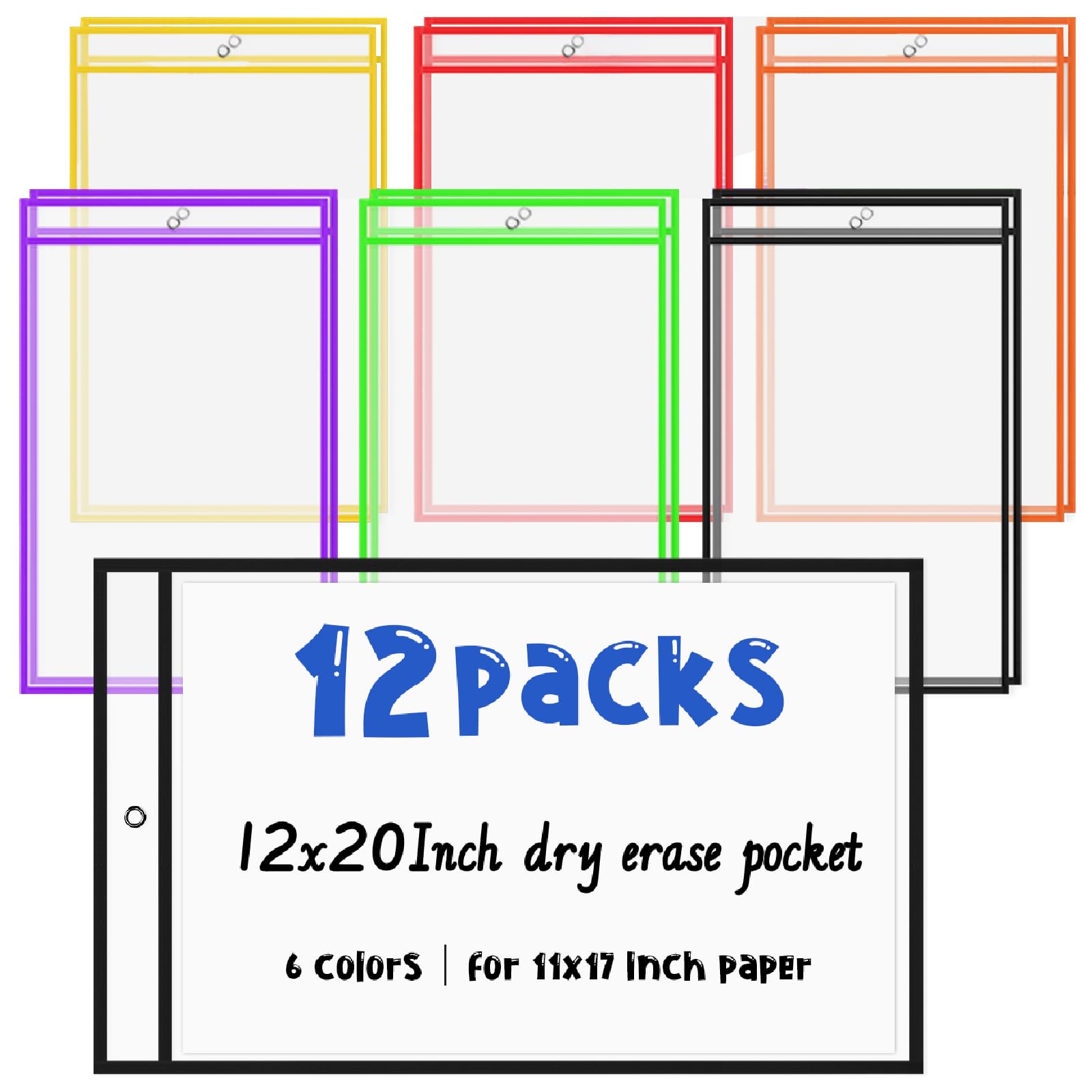 Amazon.com : 12 Pack Dry Erase Pocket Sleeves - Reusable 12.5x20 Clear ...