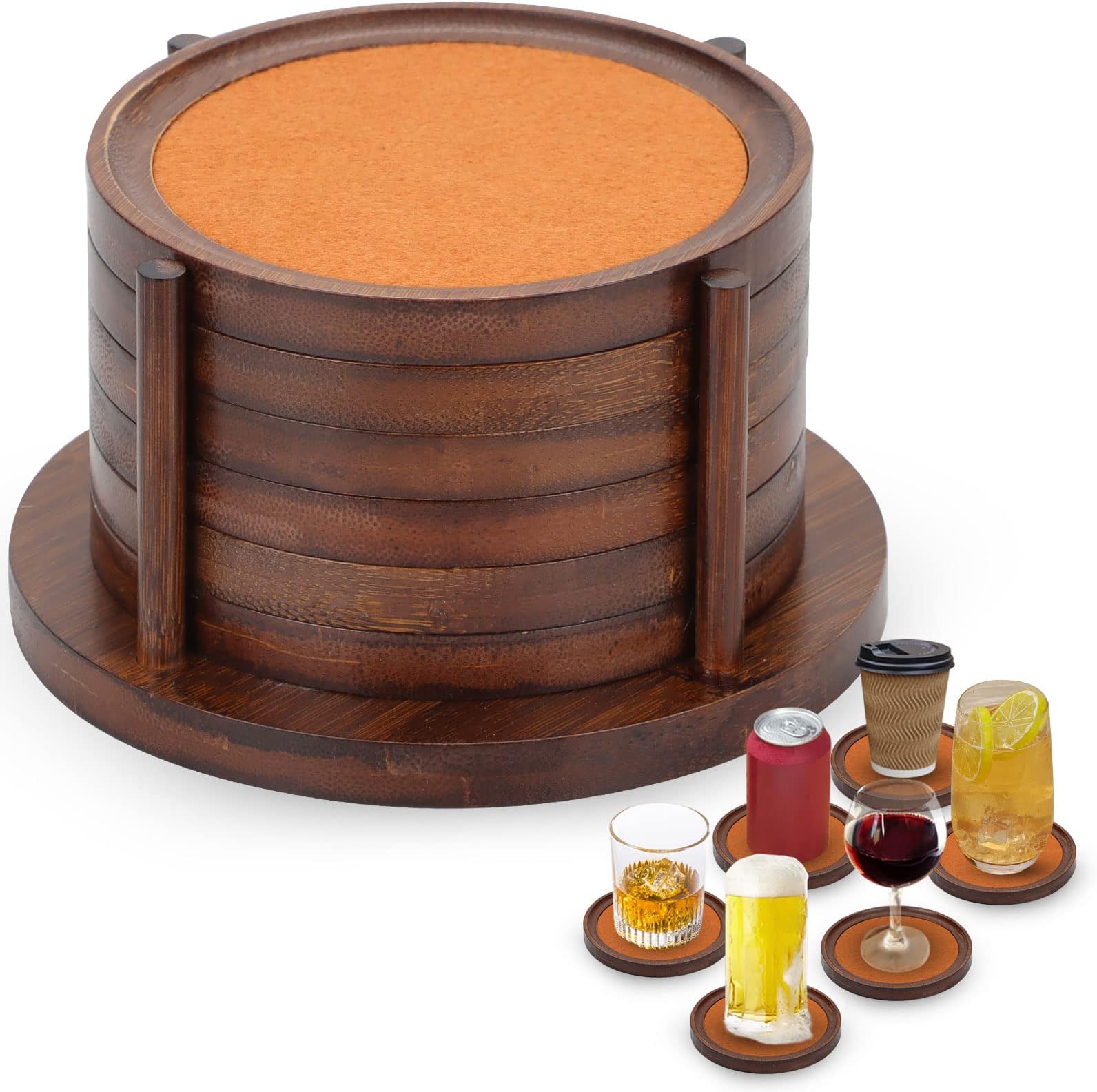 Amazon.com: Juvale Set of 6 Bamboo Wood Coasters with Holder for Coffee ...