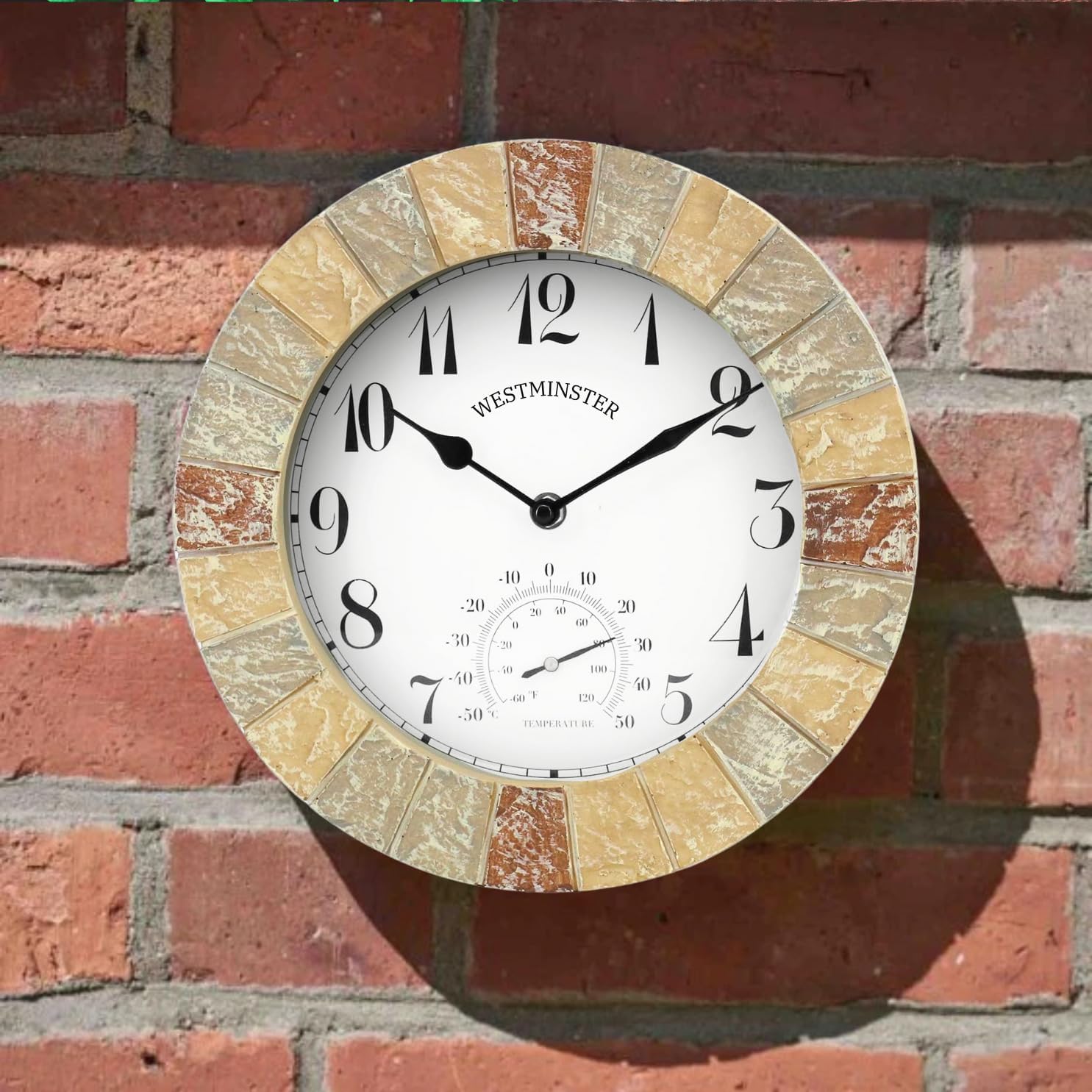 Homezone 10" Brick Effect Garden Clock & Thermometer - Large Battery ...