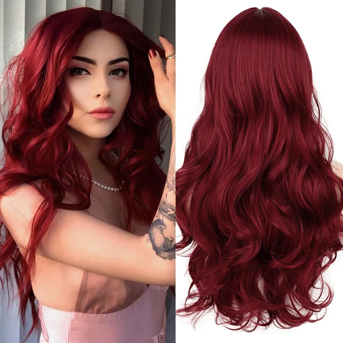 Long Wine Red Wig for Women ATAYOU Middle Parts Wavy Red Burgundy ...