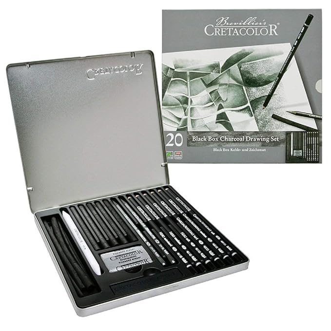 CRETACOLOR Black Box Charcoal Drawing Set of 20 - Tin Box (Free Brustro ...
