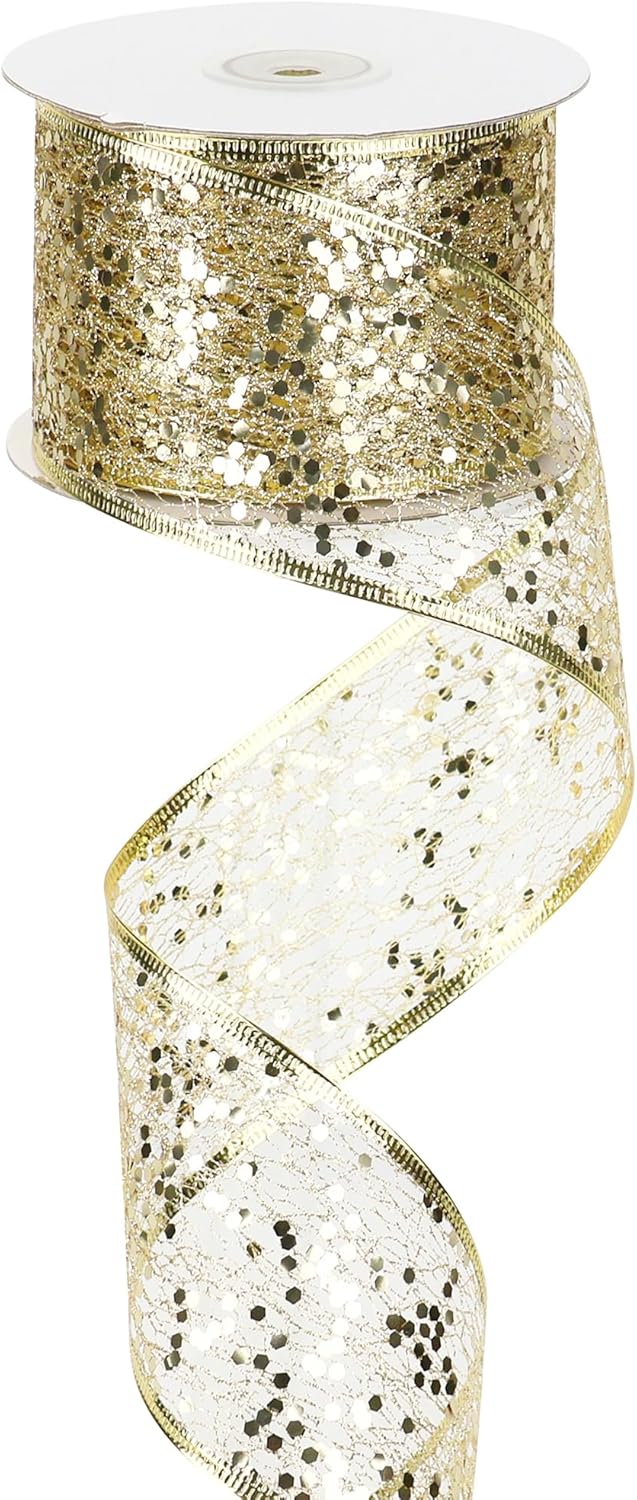 Amazon.com: MEEDEE Champagne Gold Glitter Ribbon Wire Mesh Ribbons with ...