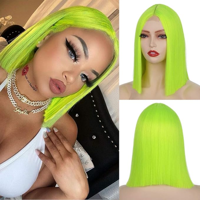 Amazon.com : 14" Neon Green Bob Wig for Women, Shoulder Length Blunt ...