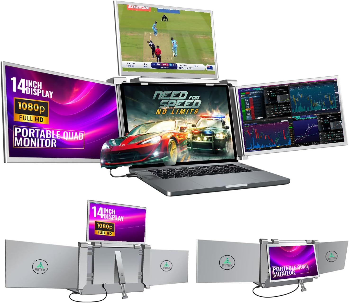 RIITEK 14" Quad Monitor Laptop Screen Extender - Portable FHD 1080P IPS ...