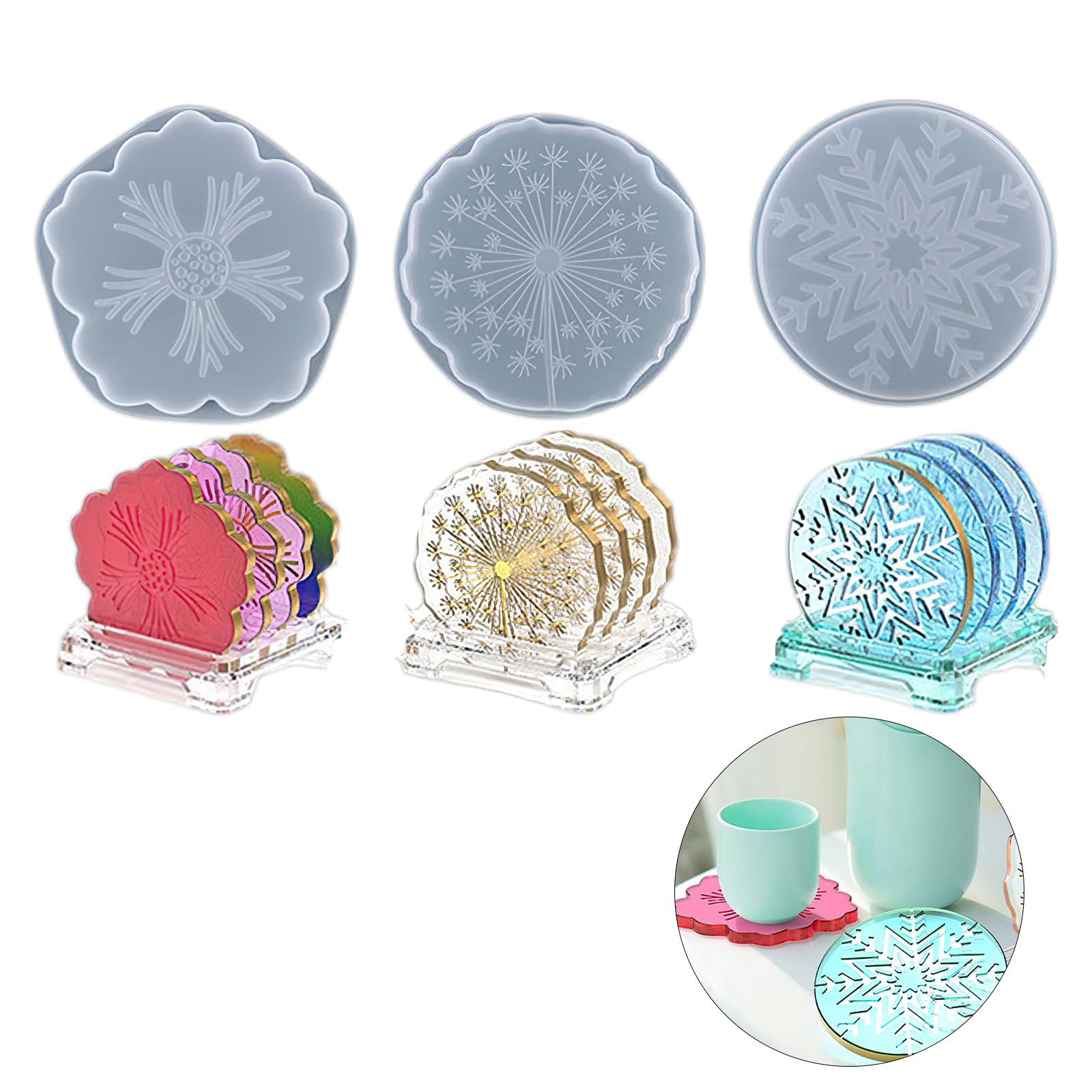 3 Pack Coaster Resin Mould,Resin Flower Coaster Molds,Coaster Silicone ...