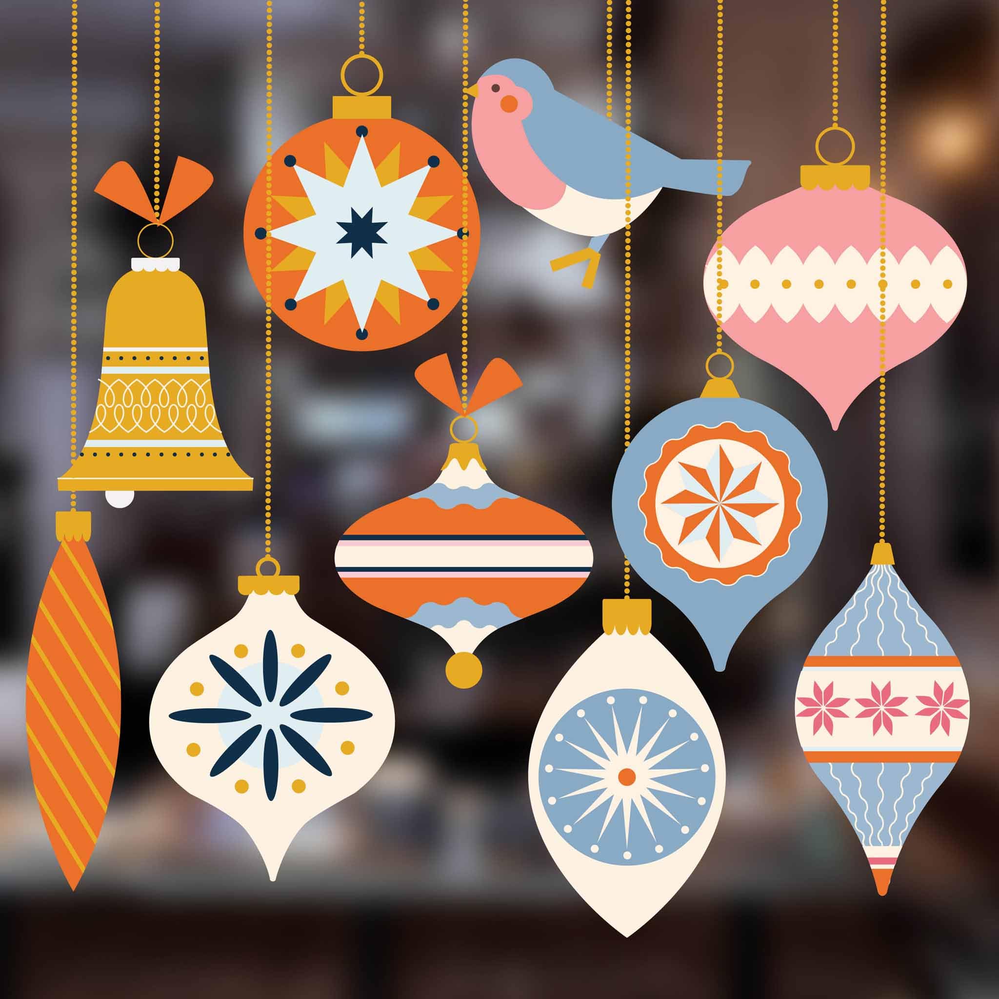10 x Extra Large Vintage Style Christmas Bauble Window Stickers - Blue ...