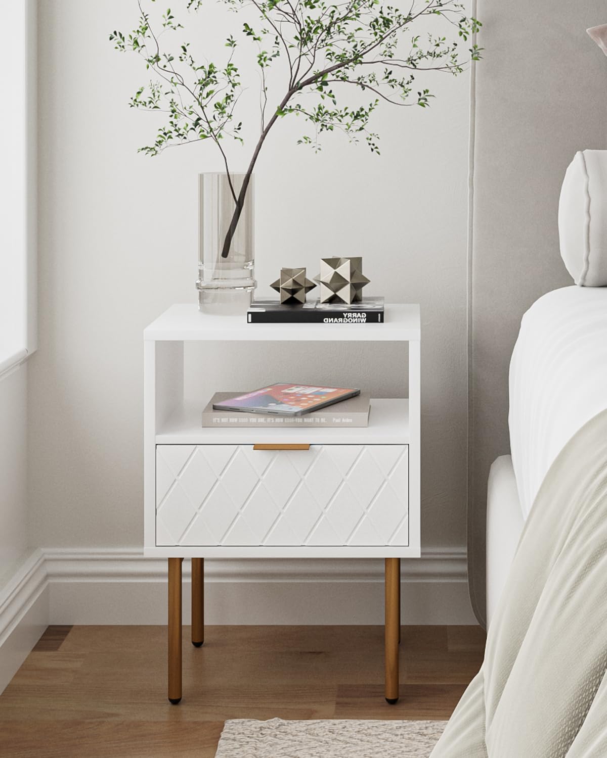 Masupu Nightstand,Small Side Table with Drawer, White Night Stand ...