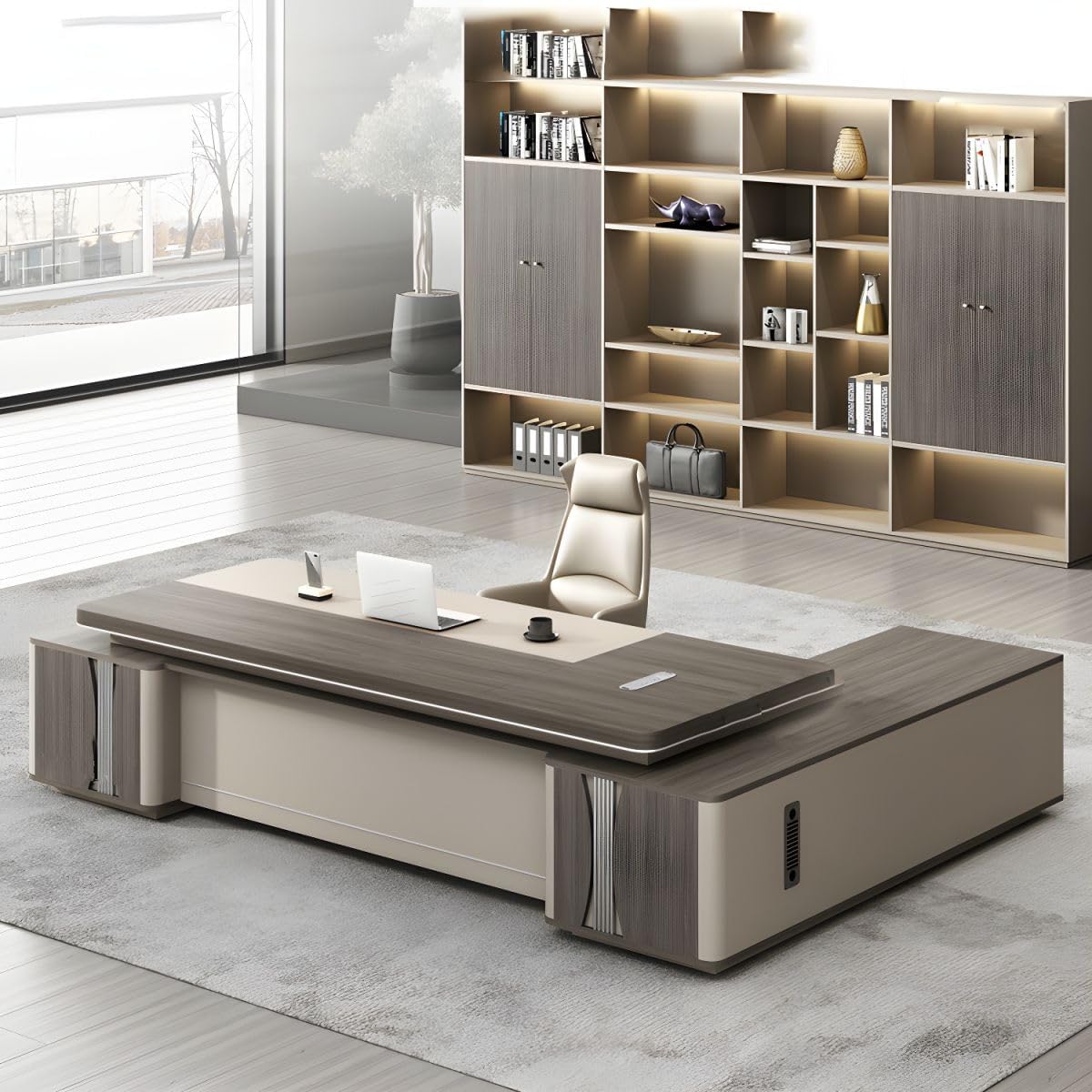 Amazon.com: KWOKING Grey L-Shape Executive Desk with Built-in ...