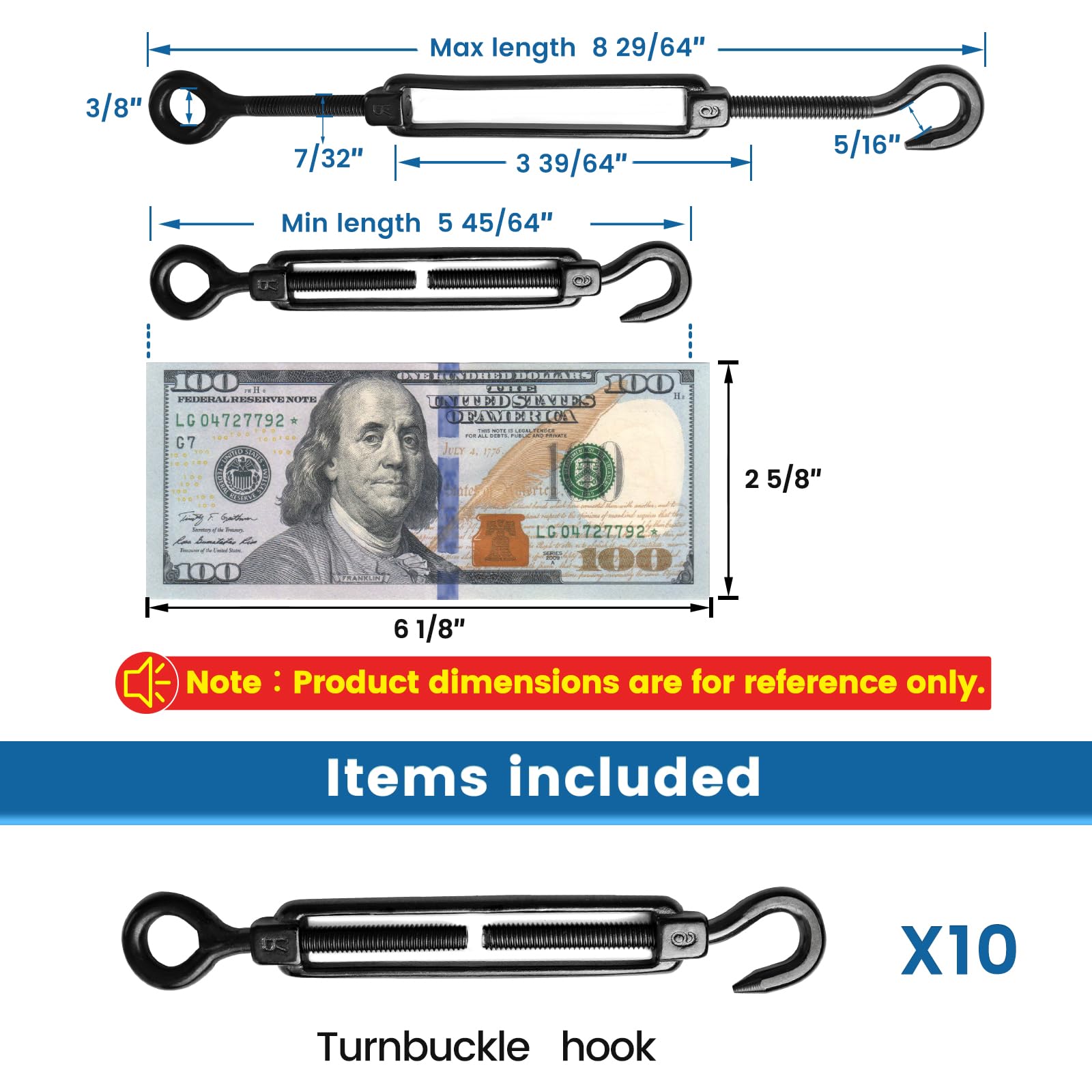 Snapklik.com : 10 Pack M6 Black Turnbuckle Stainless Steel Turnbuckles ...