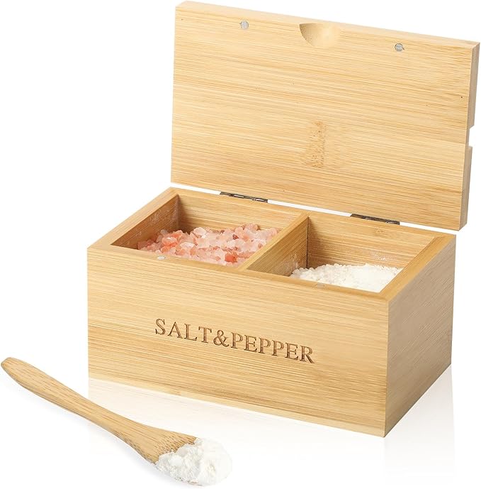 Amazon.com: DLUGOPIS Bamboo Salt Box with Lid and Spoon 20 oz Salt ...