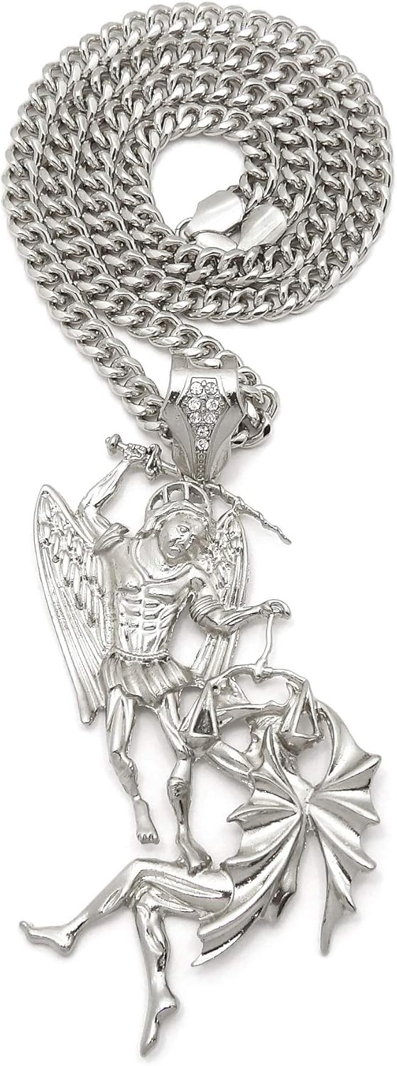 BLINGFACTORY Hip Hop Silver PT Saint Michael Archangel Pendant & 6mm 24 ...