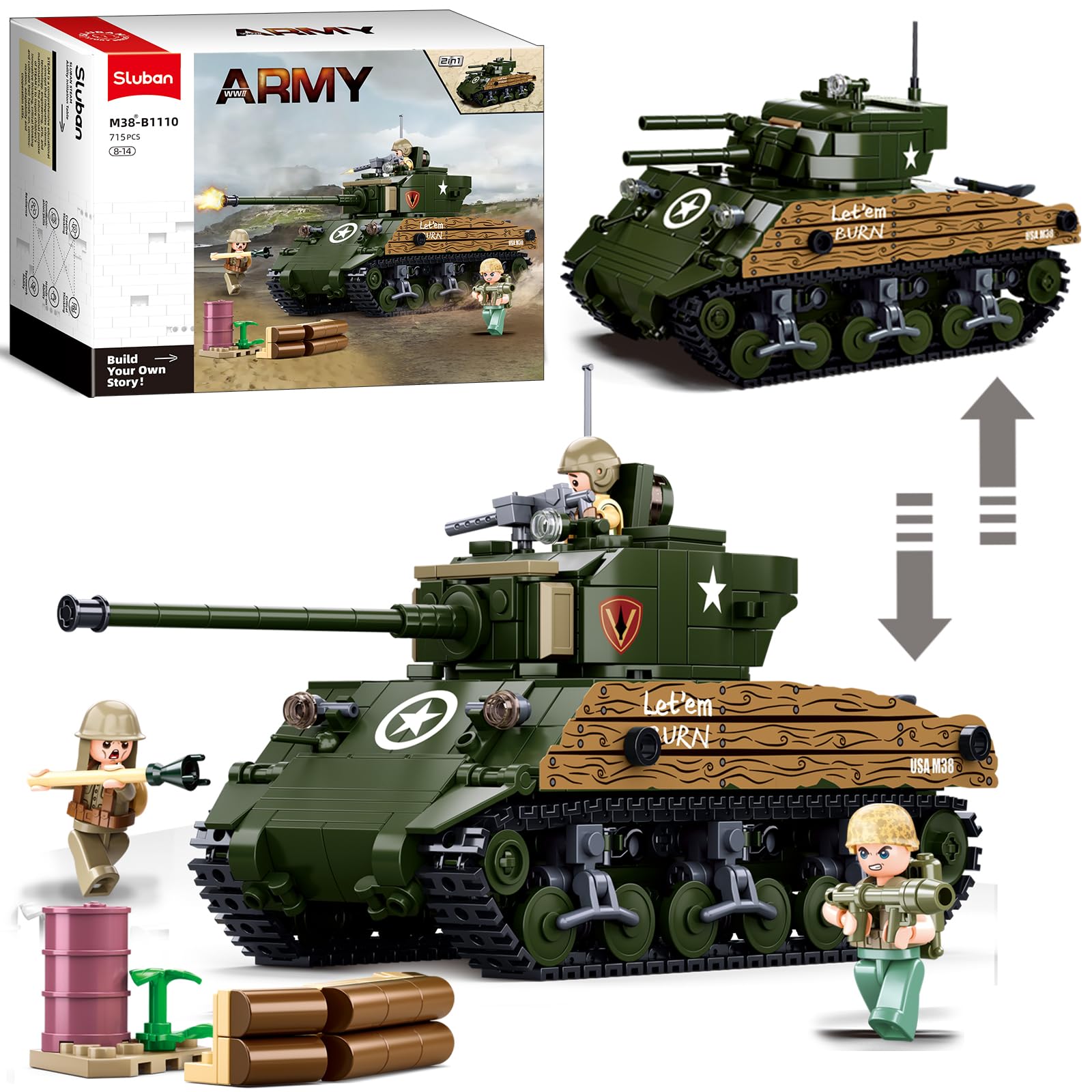 Amazon.com: WW2 Army Tank Set, Inspired M4A3 76W Medium Tank Brick, 2 ...