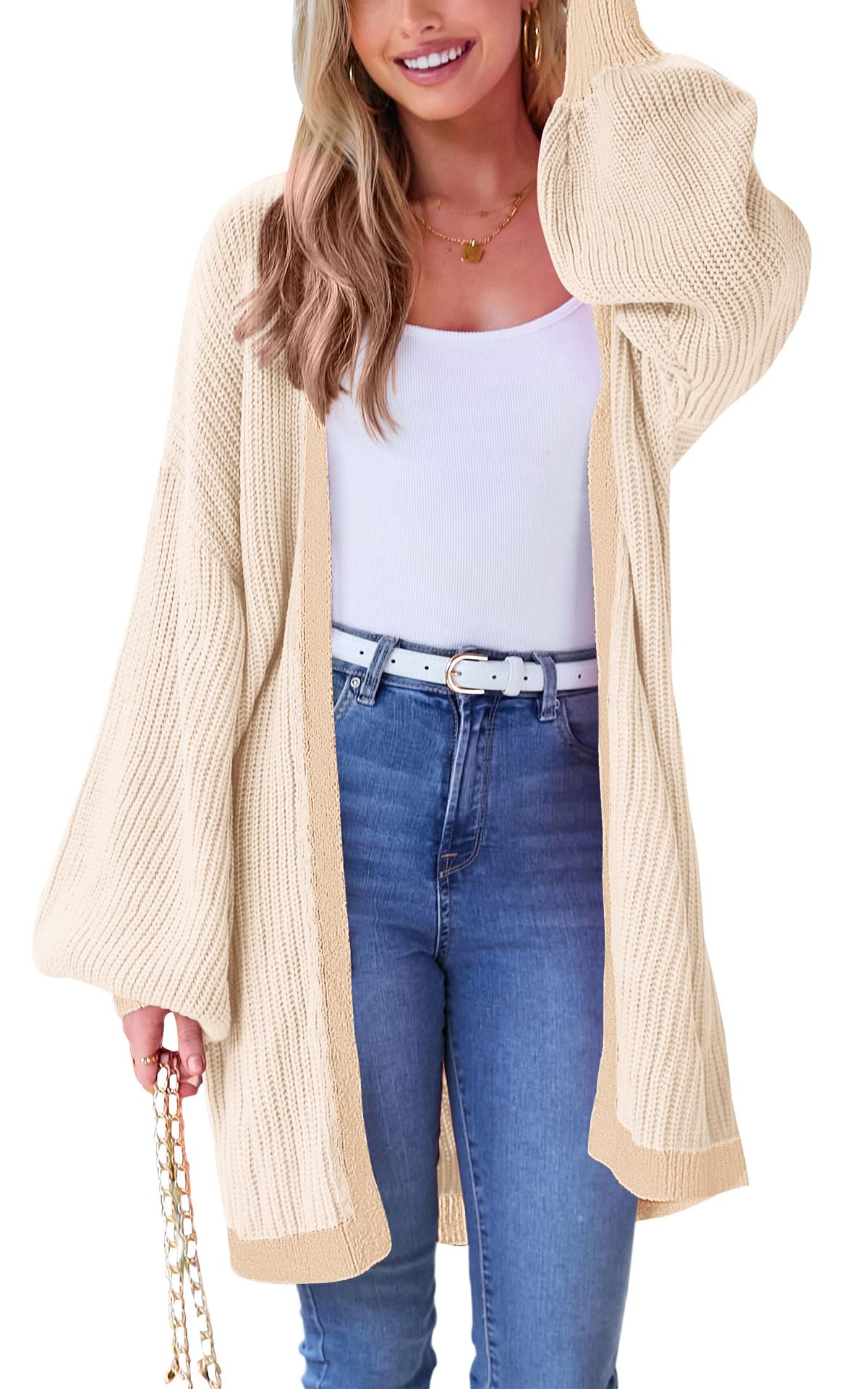 PRETTYGARDEN Open Front Cardigan Chunky Lantern Sleeve Cardigans Open ...