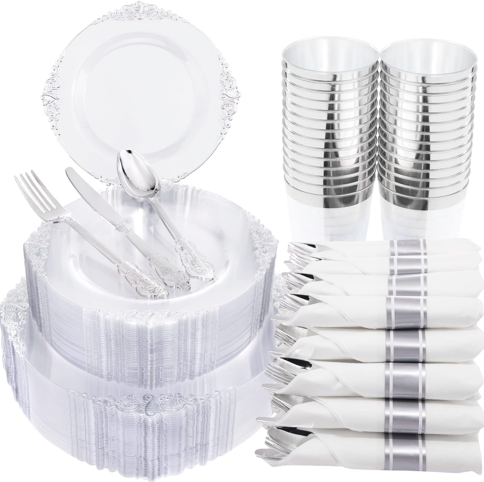 Amazon.com: I00000 Silver Plastic Plates & Silverware & Cups, 150 PCS ...