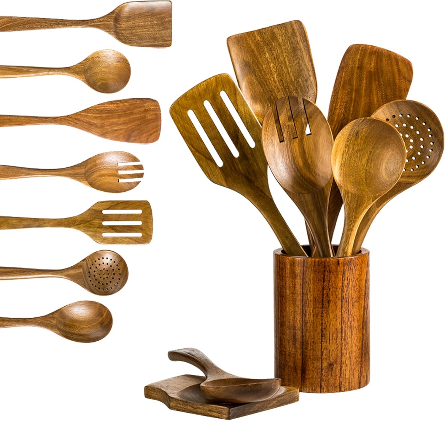 Amazon.com: Deluxe Wooden Cooking Utensils Set of 9 - Complete Kitchen ...