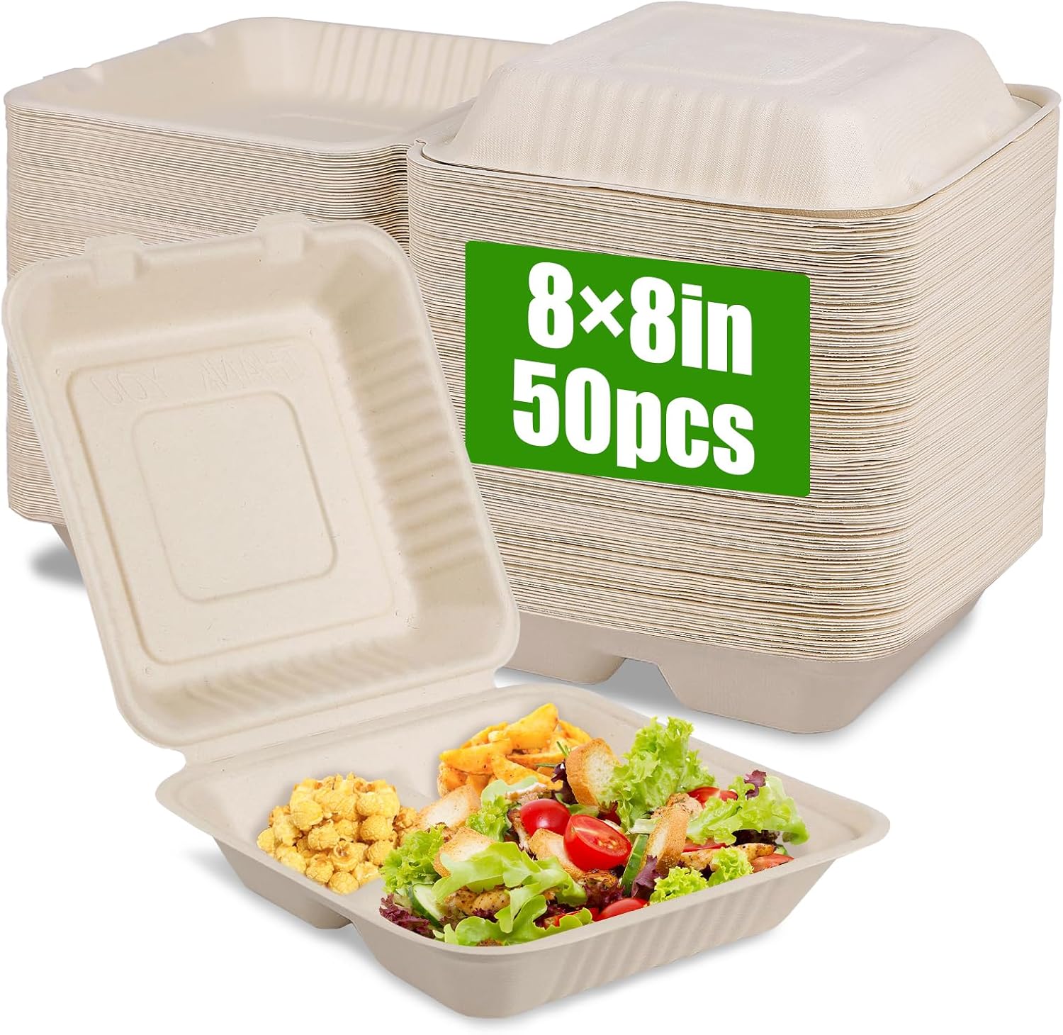 Amazon.com: Compostable Clamshell To Go Food Containers with lids 8"x8 ...