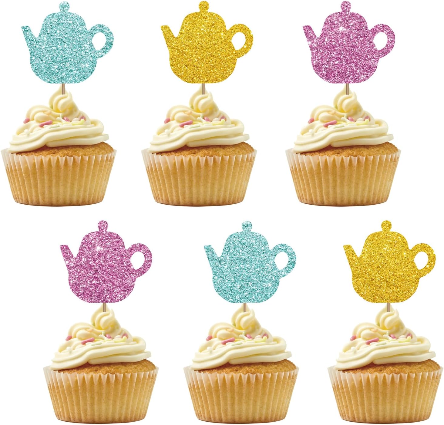 Amazon.com: Set of 24 Teapot Cupcake Toppers, Gold&Pink Glitter ...
