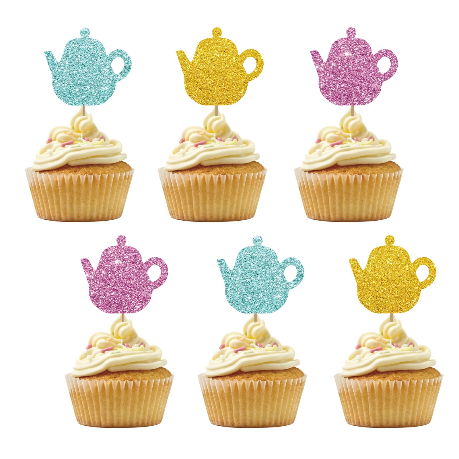 Amazon.com: Set of 24 Teapot Cupcake Toppers, Gold&Pink Glitter ...