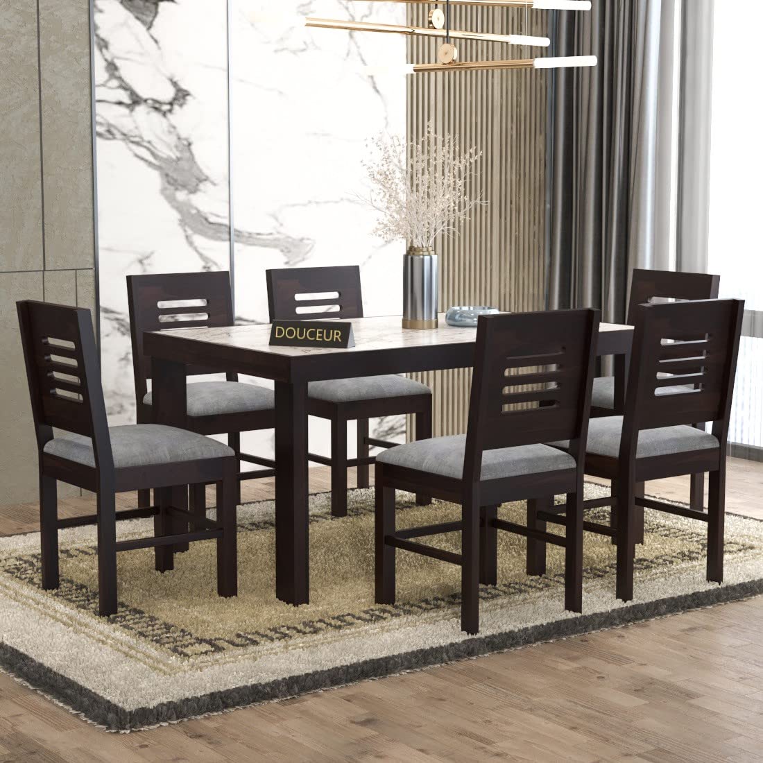 Douceur Furnitures Solid Wood White Marble Top Finish Six Seater Dining ...