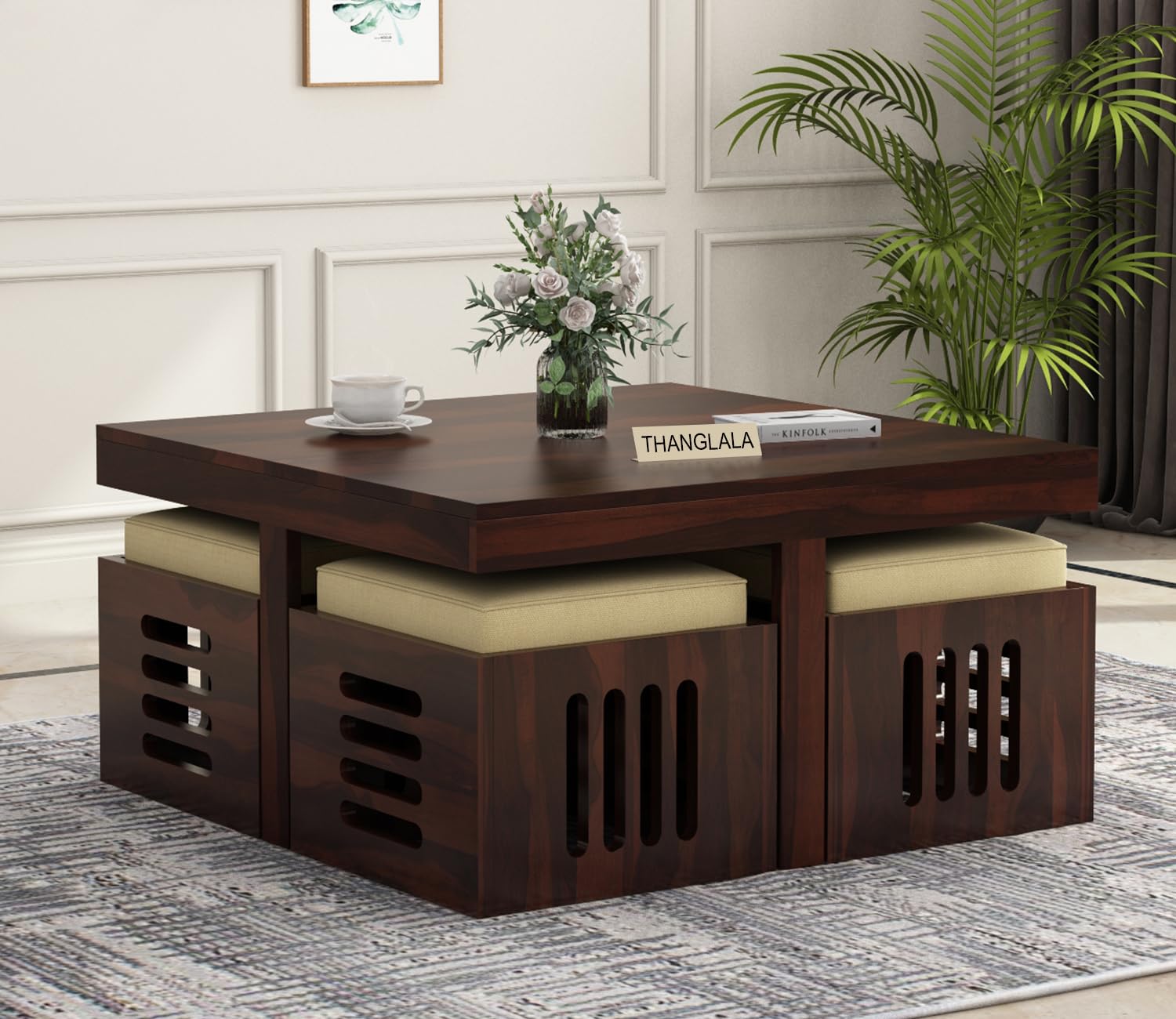 THANGLALA Sheesham Wood 4-Seater Centre Coffee Table with Cushioned ...