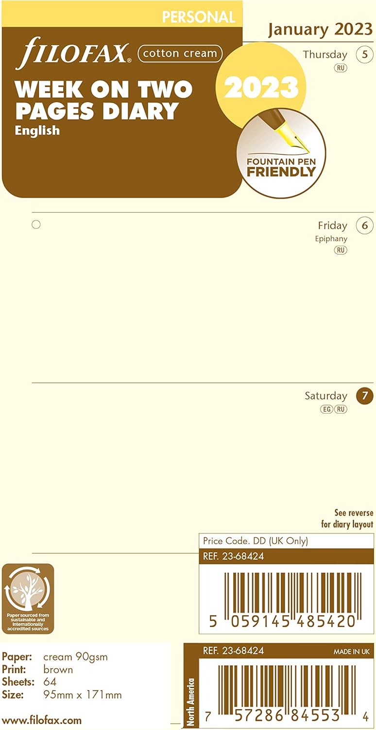 Buy Filofax Refill, Personal/Compact Size, Week-to-View, Cotton Cream ...