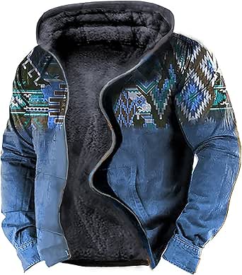 Jackets For Men Retro Aztec Print Fuzzy Fleece Lined Hooded Sweatshirt With Pockets Casual Zip ...