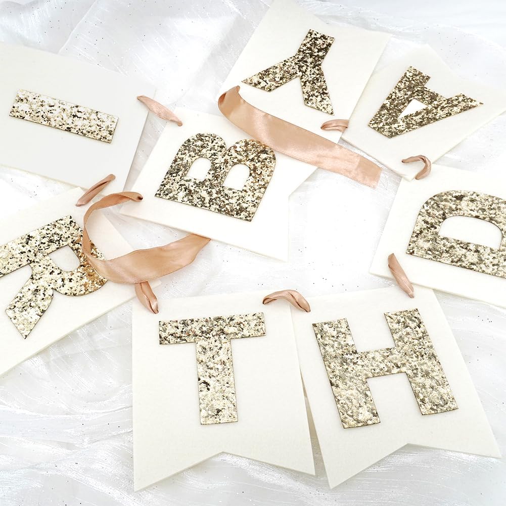 Amazon.com: Felt Happy Birthday Banner with Glitter Letters, Cream ...