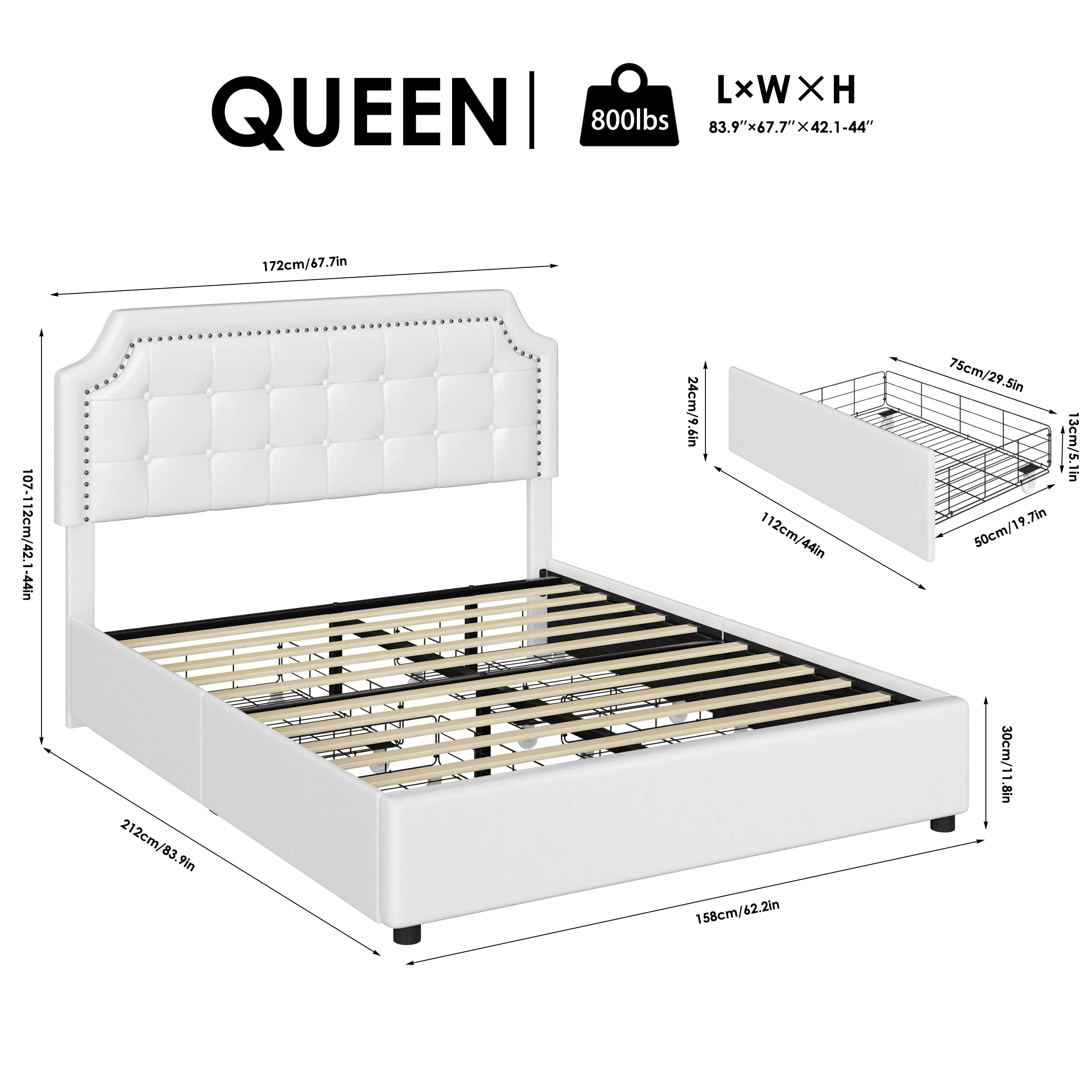Keyluv Upholstered Queen Bed Frame with 4 Storage Drawers, Platform Bed ...