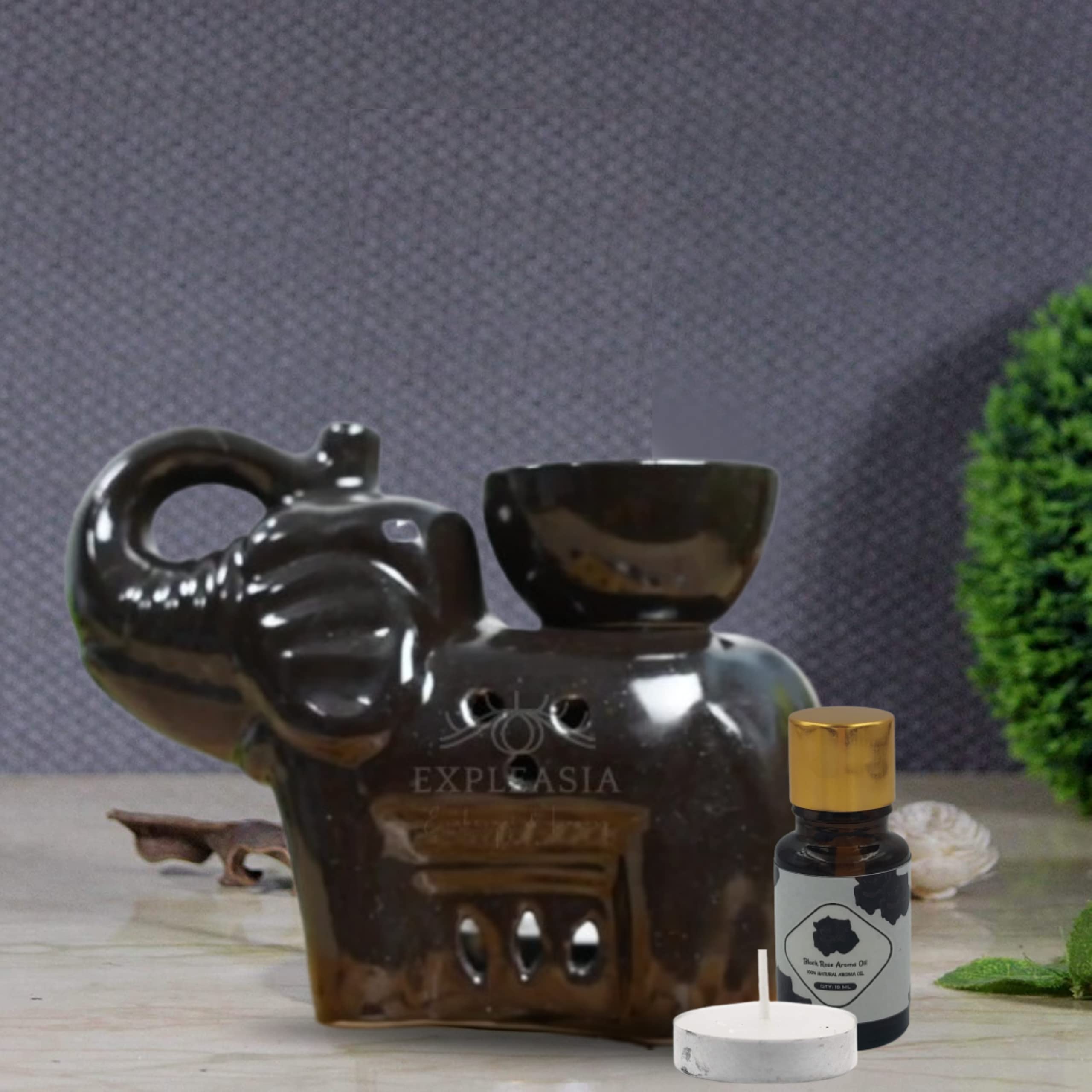 EXPLEASIA Elephant Ceramic Aroma Black Diffuser Burner with 10ml Black ...