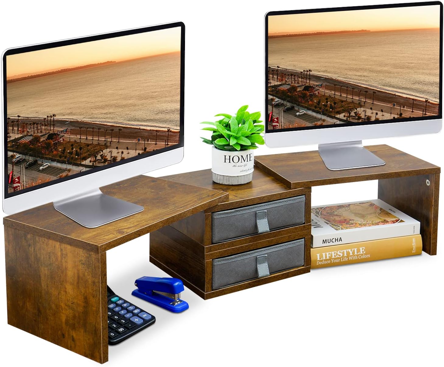 Amazon.com: TEAMIX 2 Pack and 2 Drawers Rustic Brown Wood Monitor Stand ...