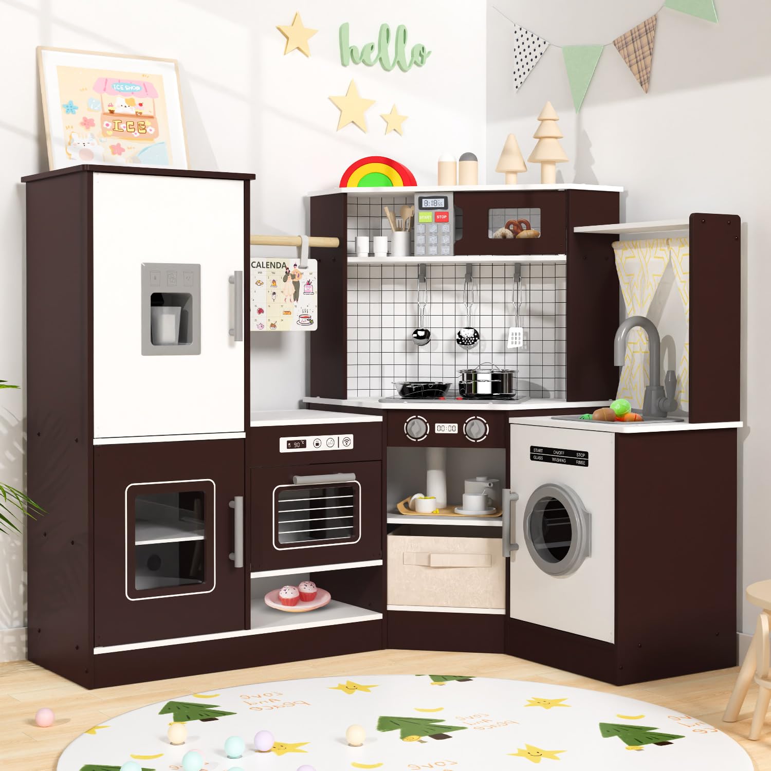 Amazon.com: Babytronic Corner Wooden Play Kitchen Set for Kids w/Lights ...