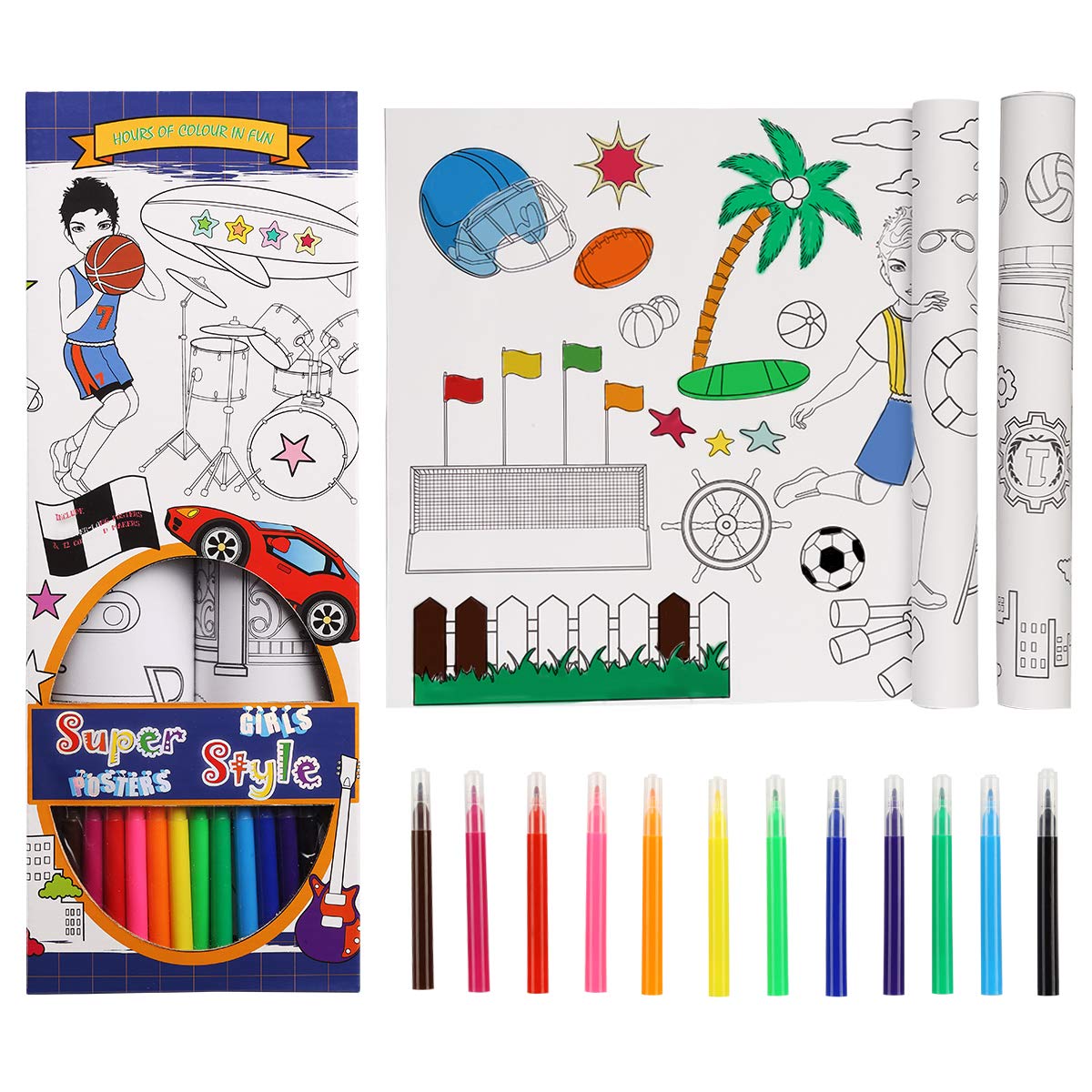 Buy SuperStyle Giant Coloring Boys Theme with 12 Color Markers and Two ...
