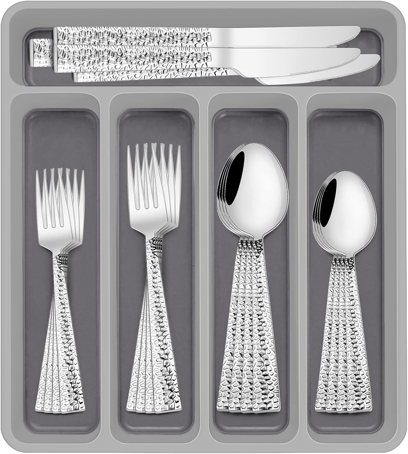 40-Piece Hammered Silverware Set with Organizer, Stainless Steel Square ...