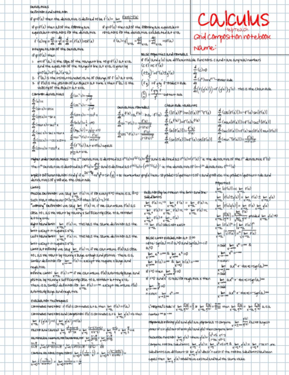 Calculus Notebook Grid Notebook With Common Equations And Formulas For